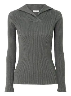 Brunello Cucinelli Ribbed Metallic Cashmere And Silk-blend Top - Gray