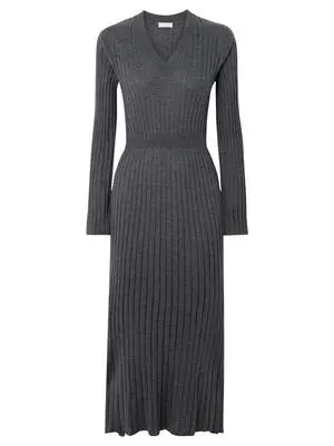 Brunello Cucinelli Ribbed Wool Midi Dress Dark Gray