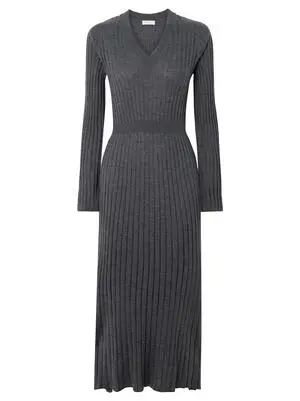 Brunello Cucinelli Ribbed Wool Midi Dress - Gray