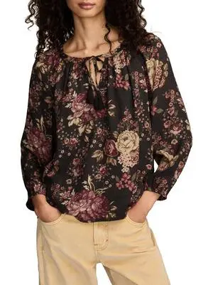 Lucky Brand Floral Print Tie Neck Blouse - Black/multi