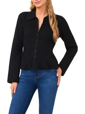 Ted Baker London Peplum Ribbed Zip-up Cardigan - Rich Black