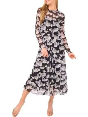 Ted Baker London Floral Long Sleeve Mesh Dress - Rich Black