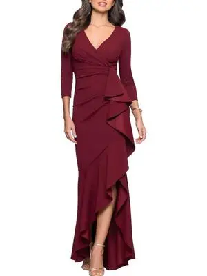 Betsy & Adam Ruffle Scuba Crepe Faux Wrap High-low Mermaid Gown - Bordeaux