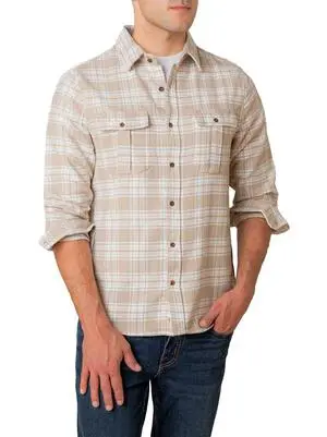 HOPE & HENRY Organic Flannel Double Pocket Button Down Shirt - Taupe Heirloom Plaid