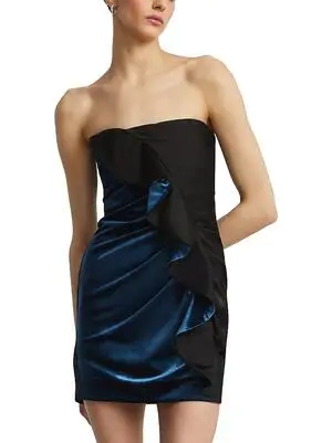 Bcbgmaxazria Velvet Satin Ruffle Dress - Black Sky
