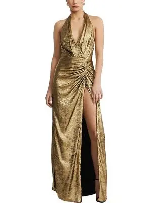 Bcbgmaxazria Lame Halter Gown - Gold