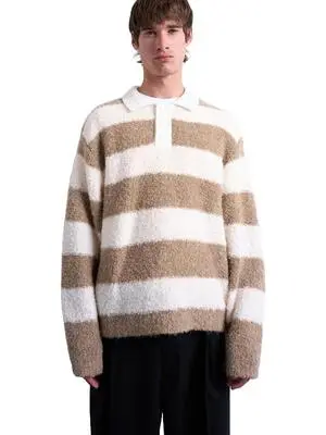 Topman Striped Bouclé Polo Sweater - Brown