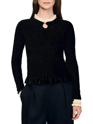 Sandro Eugenie Smocked Velvet Top - Black Ecru