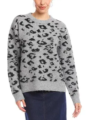 Karen Kane Metallic Animal Print Crewneck Sweater - Grey/ Black