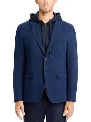 John Varvatos Tonal Plaid Jersey Sport Coat With Removable Hood - Navy