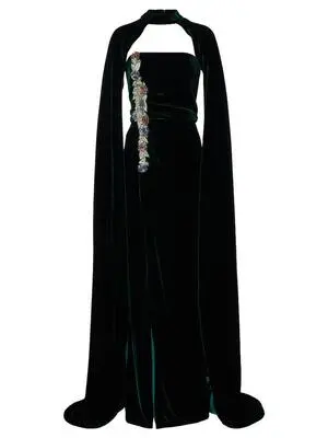 Costarellos Brisha Caped Embellished Velvet Gown - Green