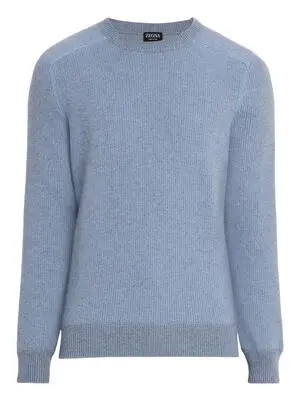 Zegna Cashmere Rib Saddle Crewneck Sweater Br Blu Fan