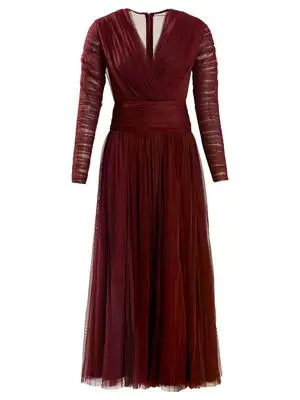 ANA RADU V-neck Pleated Midi Dress - Red