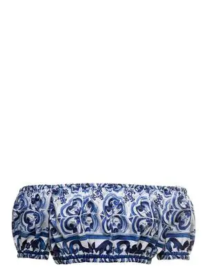 Dolce & Gabbana Cotton Poplin Majolica Printed Crop Top - Blue