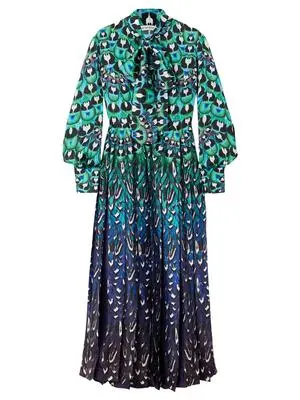 MARY KATRANTZOU Alexis Pussy-bow Pleated Printed Midi Dress - Blue