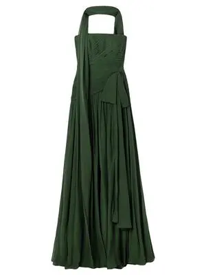 Elie Saab Scarf-detailed Pintucked Silk Crepe De Chine Gown - Green