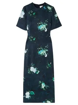 Erdem Floral-print Duchesse-satin Midi Dress - Blue