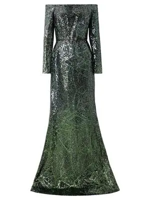 Elie Saab Off-the-shoulder Belted Sequined Gown - Green