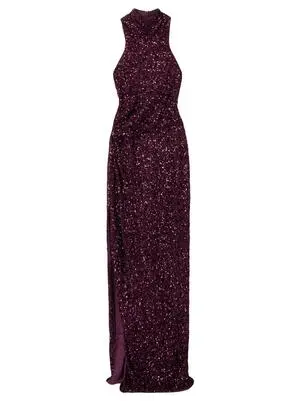 Balmain Gathered Sequined Stretch-tulle Halterneck Gown - Purple