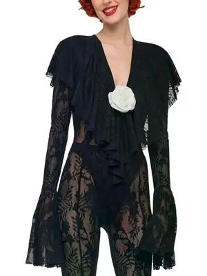 Norma Kamali Ruffled Lace Top - Black