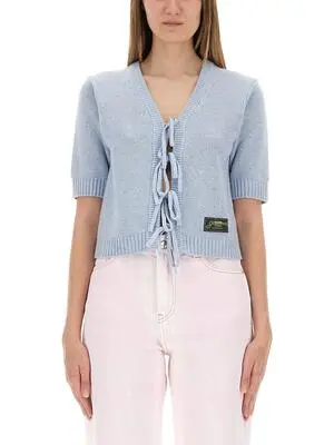 GANNI Cropped Bow Detailed Cardigan - Baby Blue