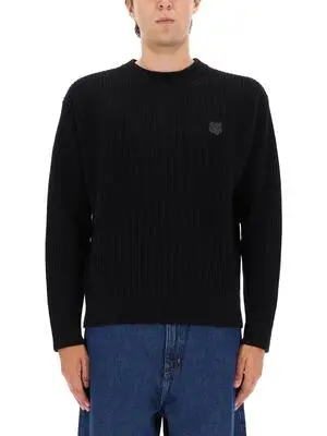 Maison Kitsuné Ribbed Knit With Fox Patch - Black