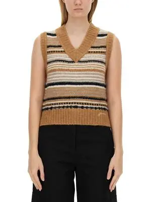 GANNI Striped Knit Vest - Beige