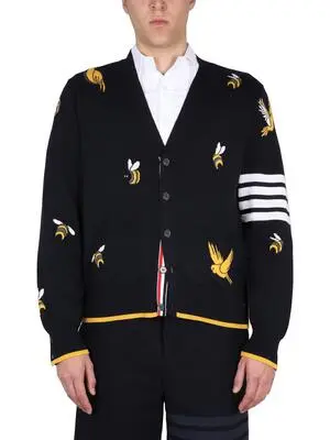 Thom Browne Cardigan With Bird And Bee Inlays - Blue