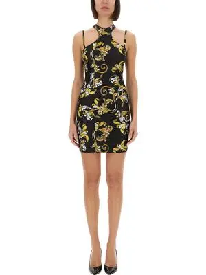 Versace Mini Dress With Outline Baroque Print - Black