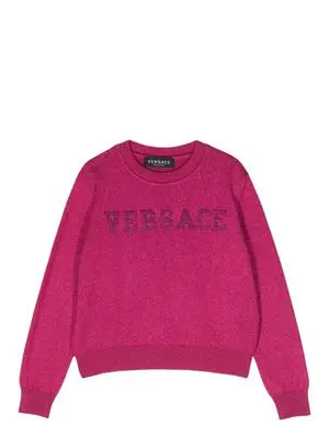 Versace Crew Neck Pullover With Embroidered Logo - Fuchsia