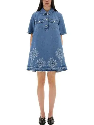 GANNI Mini Dress With Sangallo Embroidery - Denim