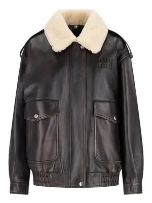 Miu Miu Shearling Collar Bomber Jacket - Brown