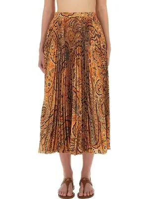 Etro Printed Pleated Sablé Skirt - Orange