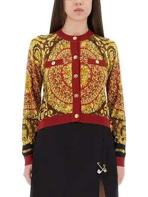 Versace Baroque Silk Knit Cardigan - Red