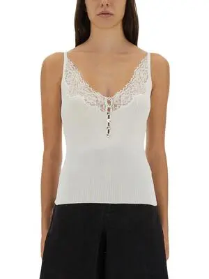 SELF-PORTRAIT Ribbed Knit Top With Lace - White
