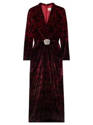 Saloni Mya Crystal-embellished Gathered Printed Velvet Midi Dress - Red