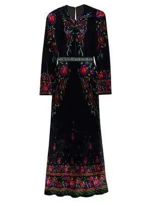 Saloni Claudia Embellished Printed Velvet Midi Dress - Black