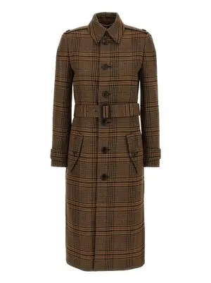 Saint Laurent Prince Of Wales Wool Long Coat - Brown
