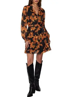 LOST + WANDER Floral Print Long Sleeve Minidress - Black Orange Multi
