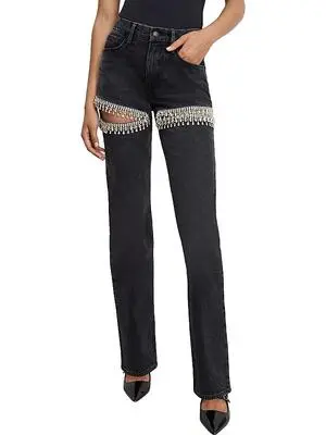 Good American Good Icon High Rise Straight Rhinestone Cutout Jeans - K