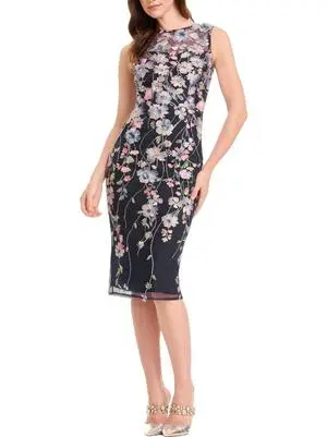 Dress The Population Claudette Floral Embroidered Sheath Cocktail Dress - Navy Multi