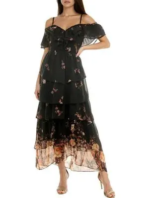 SOCIALITE Floral Cold Shoulder Tiered Maxi Dress - Black Yellow Taupe