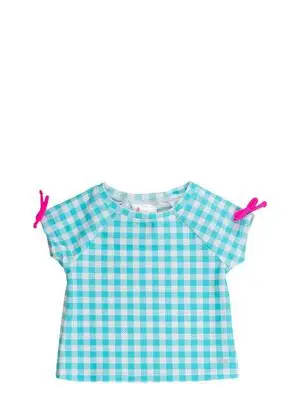 RUFFLEBUTTS UPF 50+ Active Raglan Bow T-Shirt Bright Aqua Gingham