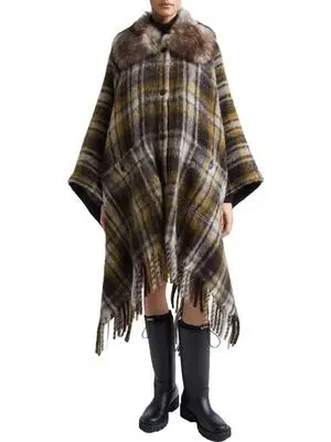 Moncler Plaid Felt Cape With Genuine Shearling Collar - Neutral