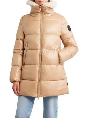 SAVE THE DUCK Bonita Faux Shearling Collar Puffer Jacket - Biscuit Beige