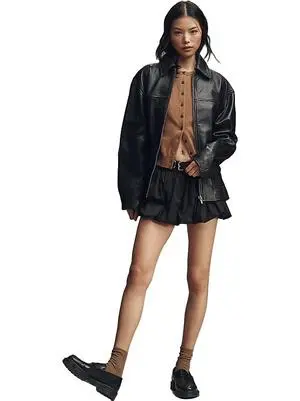 REFORMATION Veda Bennett Leather Shirt Jacket - Black Distressed