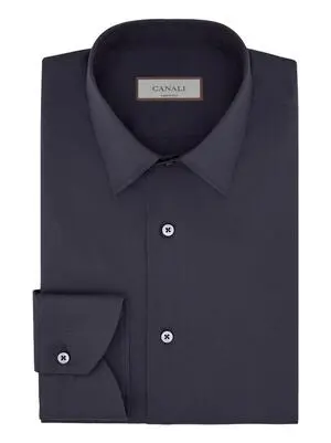 Canali Regular Fit Shirt In Navy Stretch Cotton - Blue