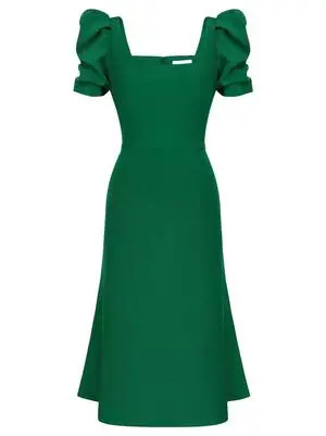 POST MERIDIEM Puff-sleeve Square-neck Midi Dress - Green