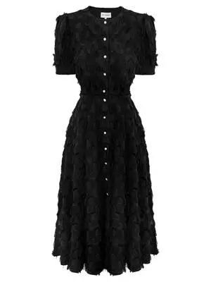 POST MERIDIEM Fringe Puff-sleeve Midi Dress - Black