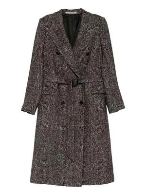 Tagliatore Herringbone Double-breasted Belted Coat - Grey